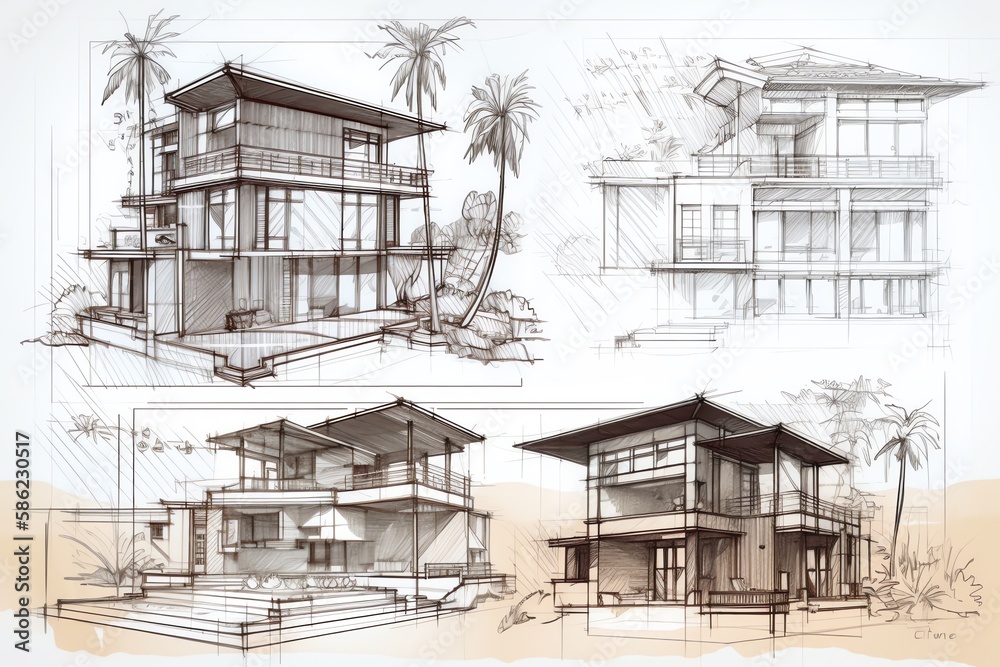 Sketch of modern cozy villa house on the white background. Design ...