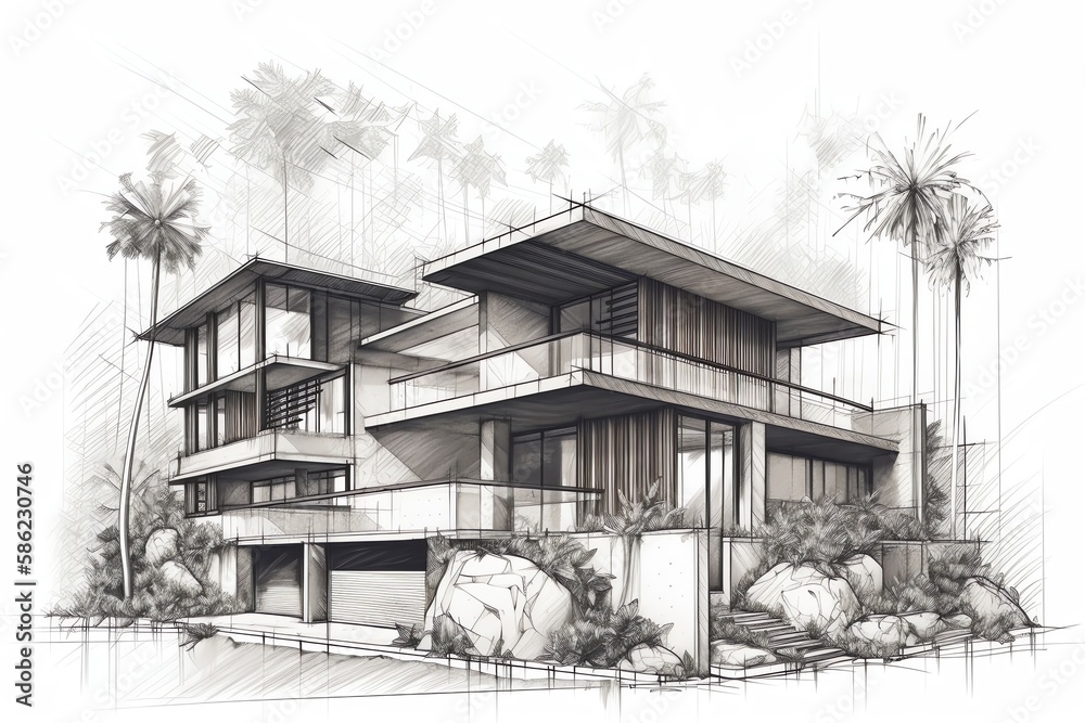 Sketch of modern cozy villa house on the white background. Design ...