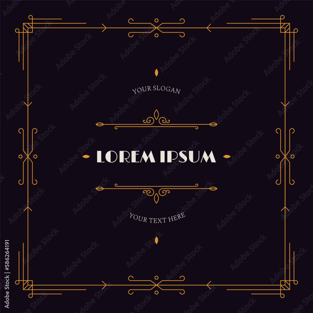 Art deco retro card. Vintage 1920s gold frame, nouveau line border ...