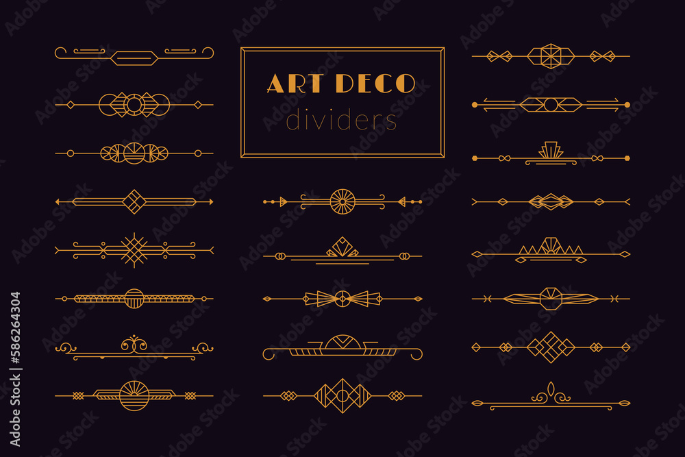 Art deco divider. Retro gold border 1920s decorative ornament, minimal ...