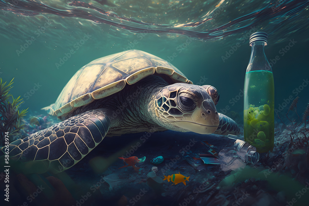 Sea turtle swimming around bottle, bag waste. Plastic pollution in ...