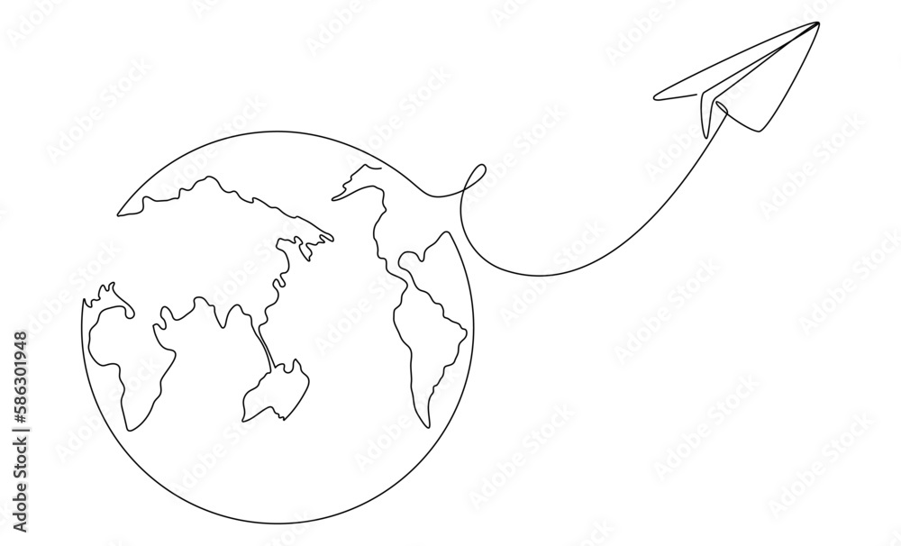 World map with flying paper airplane one line art. Continuous Earth ...