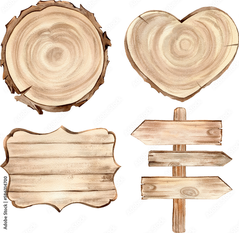 Wood Slice, wooden sign with old texture. Watercolor painted ...