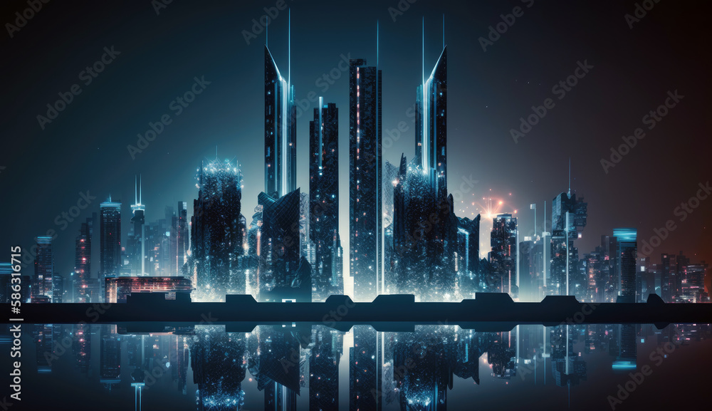 Neon mega city capital towers with futuristic technology background ...