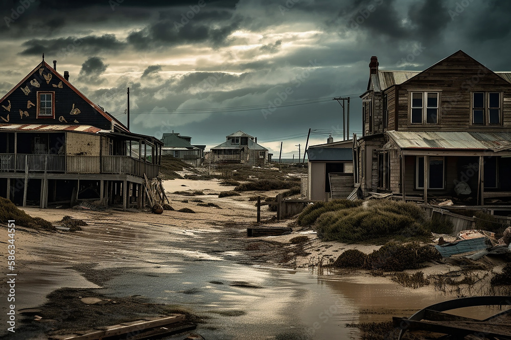 A Deserted Coastal Town, With Remnants Of Flooded Buildings And A Dark ...