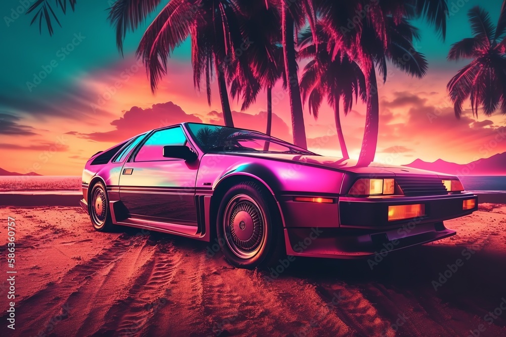 Synthwave sunset 80s car on beach with palm tree and tire tracks in ...