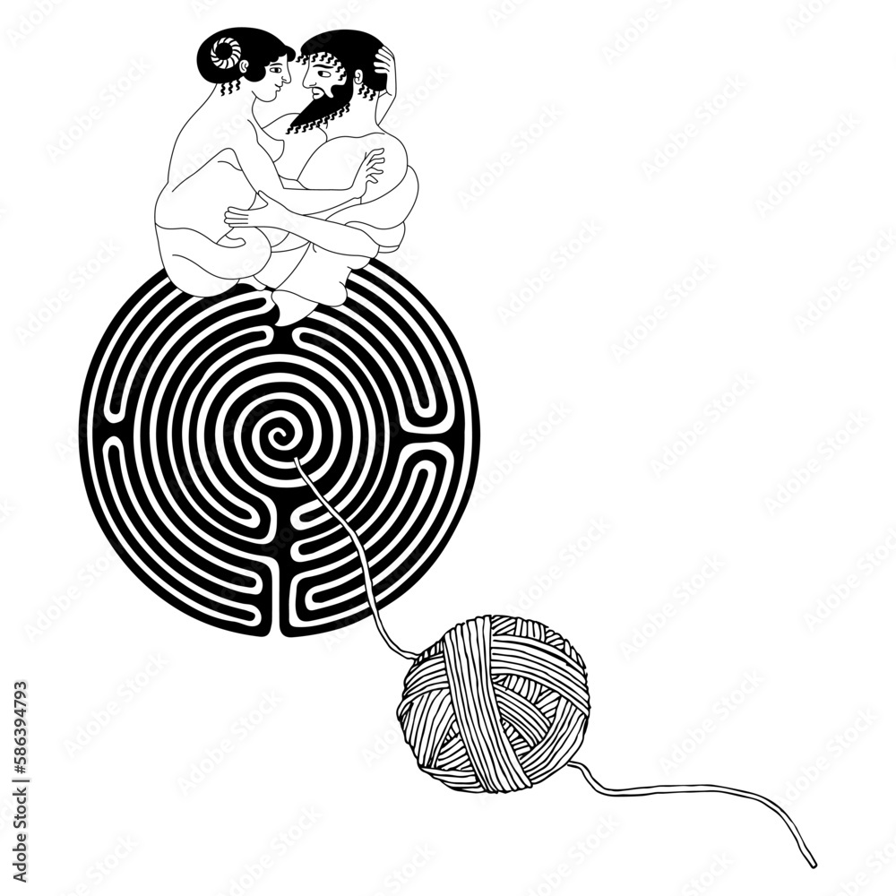 Ancient Greek embracing couple on top of a round spiral maze or ...