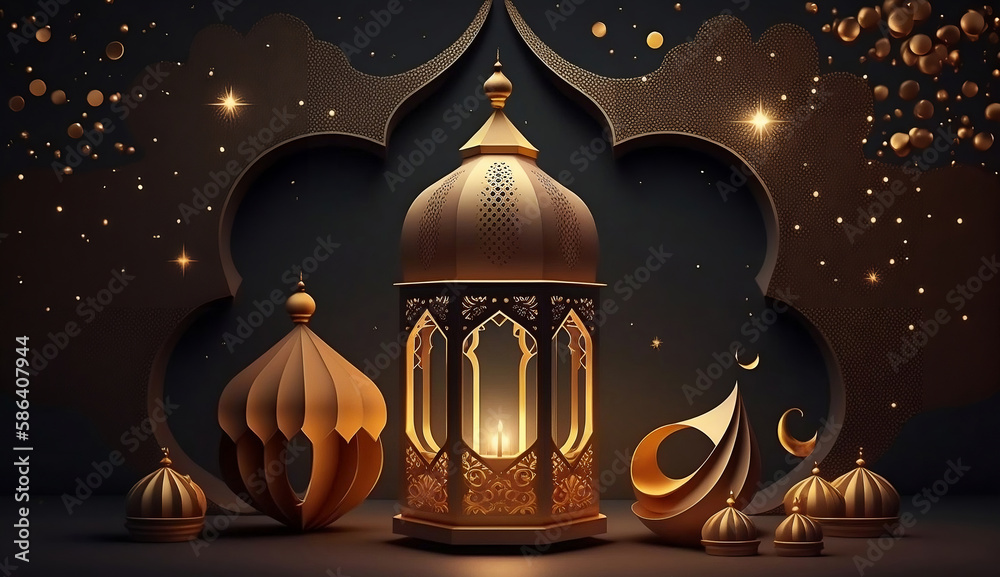 An illustration of luxury mosque and lantern. Gold and black luxury ...