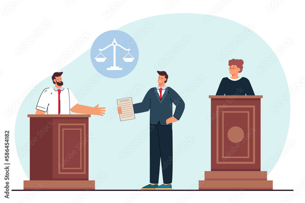 Lawyer giving evidence in court during trial vector illustration ...