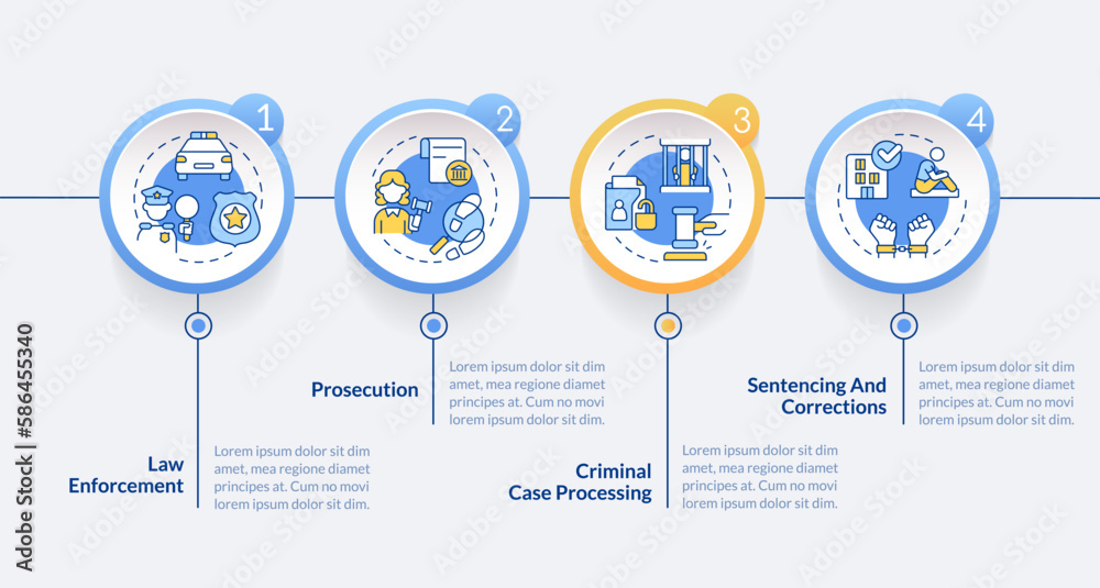 Justice system blue circle infographic template. Public safety. Data ...