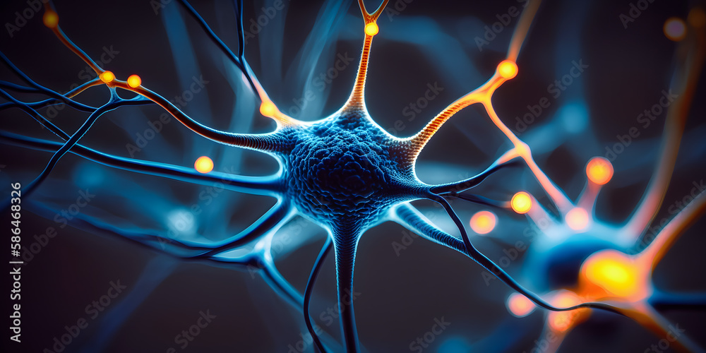 Nerve cell blue color banner, system neuron of brain with synapses ...