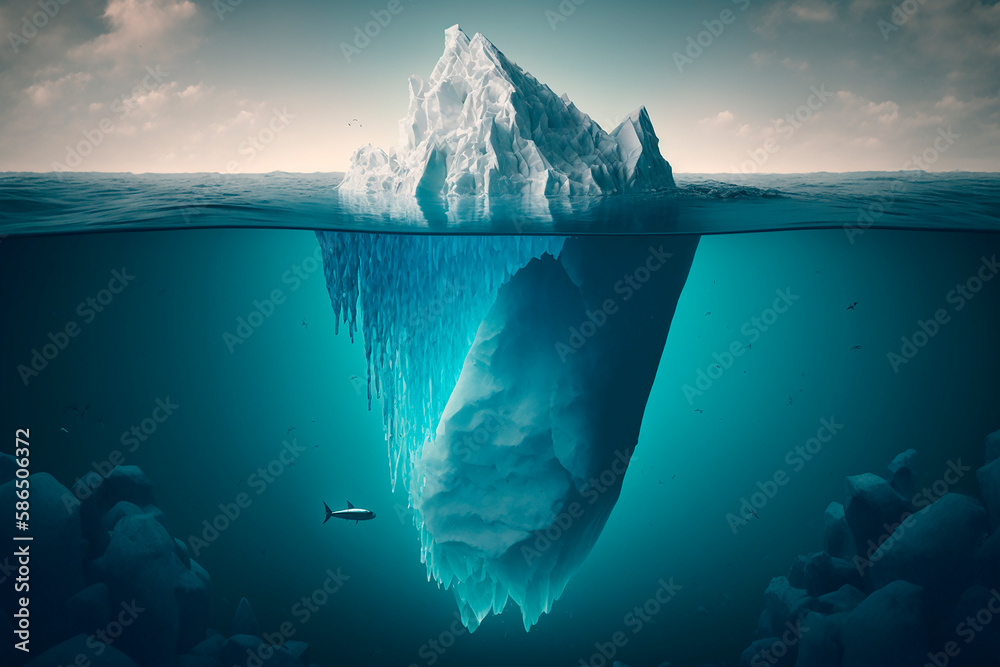 Iceberg floating in ocean. Huge white block of ice drifts along blue ...