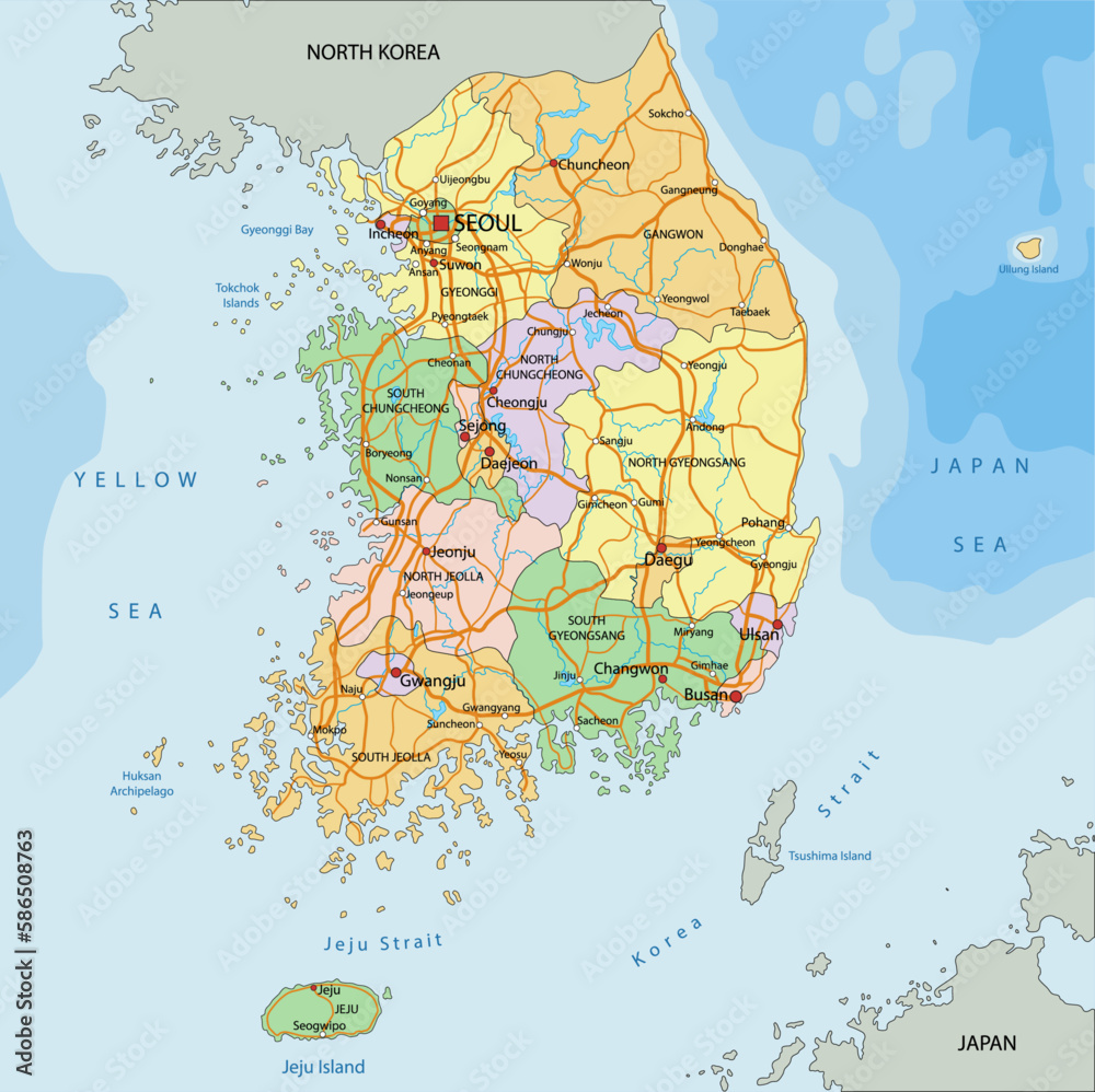 South Korea - Highly detailed editable political map with labeling ...