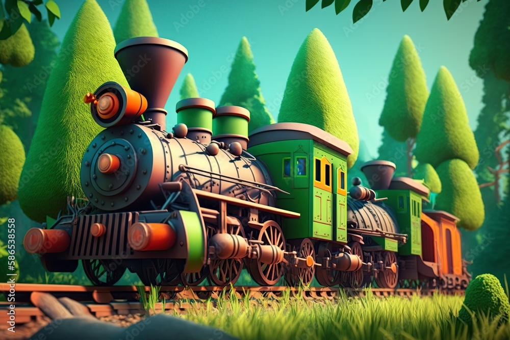 Ilustración de Stock cartoon illustration, of blue train with railway ...