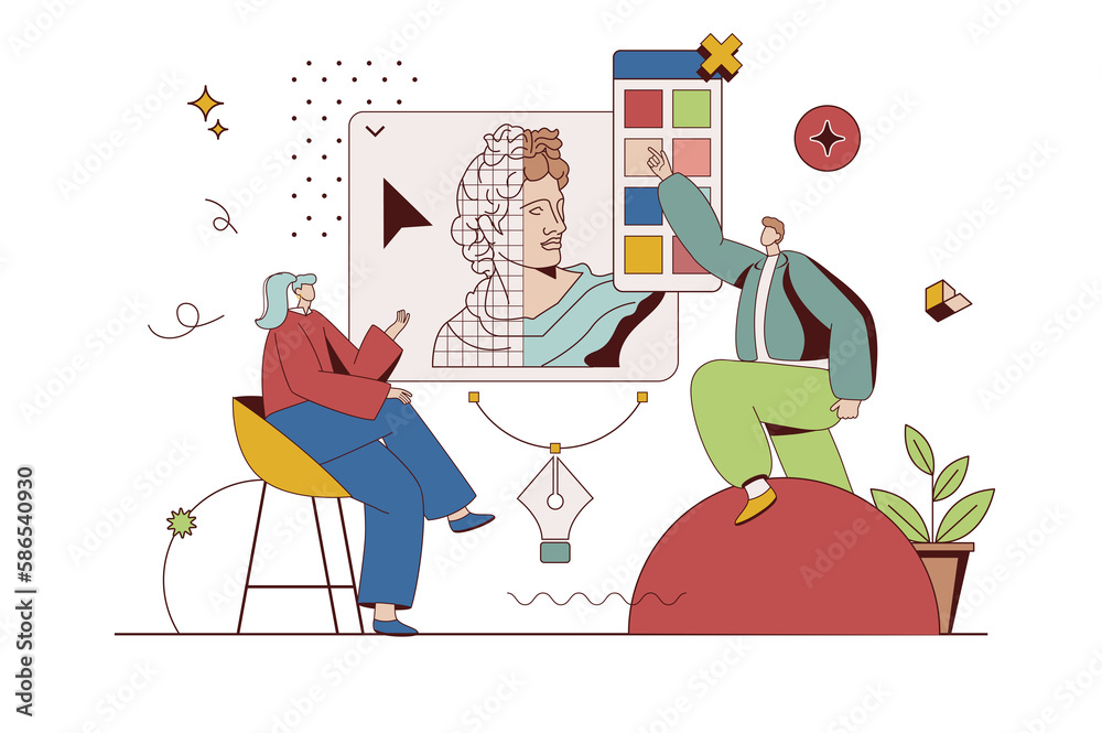 Designer agency concept with character situation in flat design. Man ...