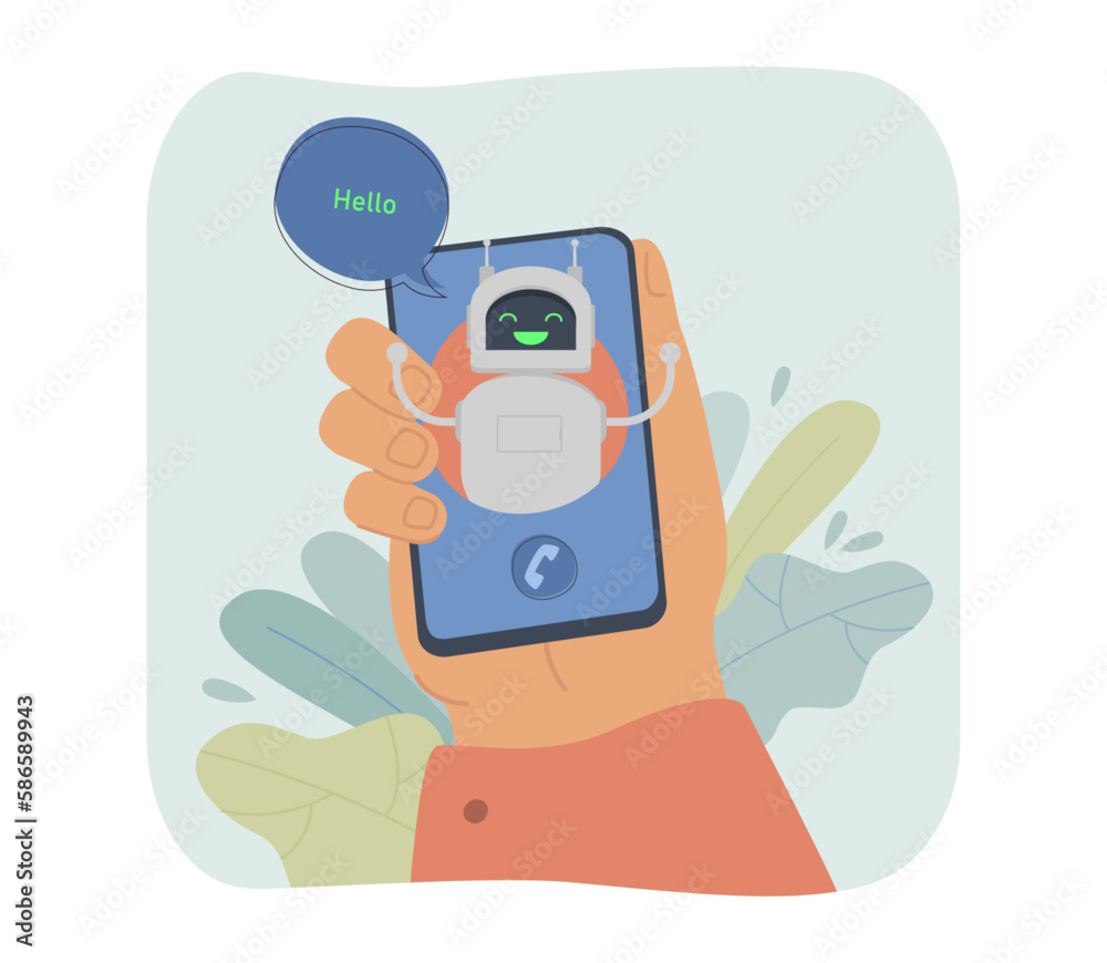 Hand holding phone with chatbot saying hello vector illustration ...