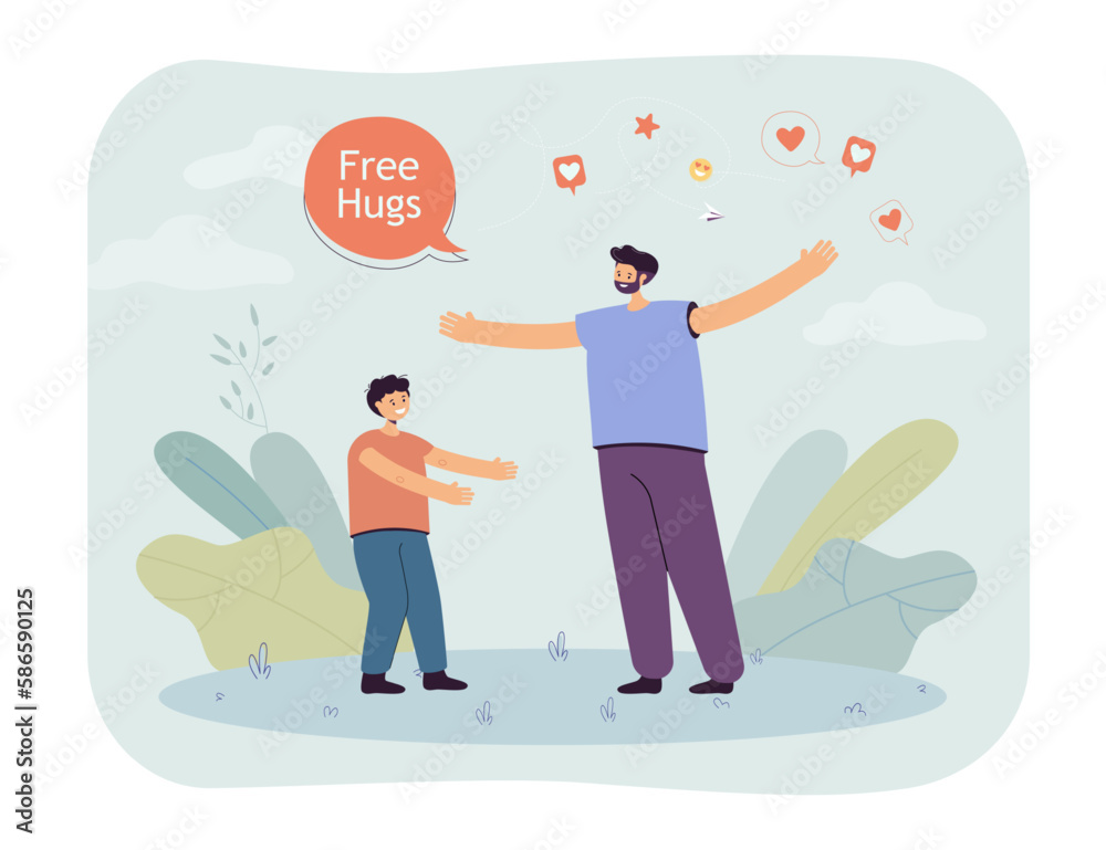 Vektor Dad offering free hugs to son vector illustration. Cartoon ...