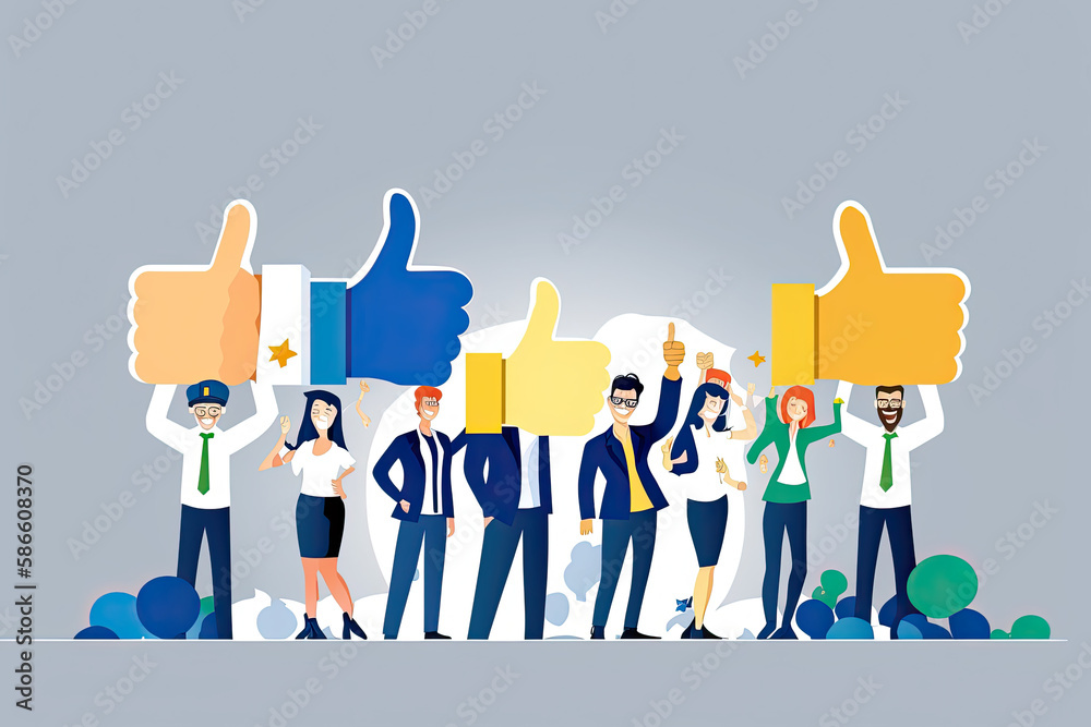 Team of diverse business people holding signs of like and approval via ...