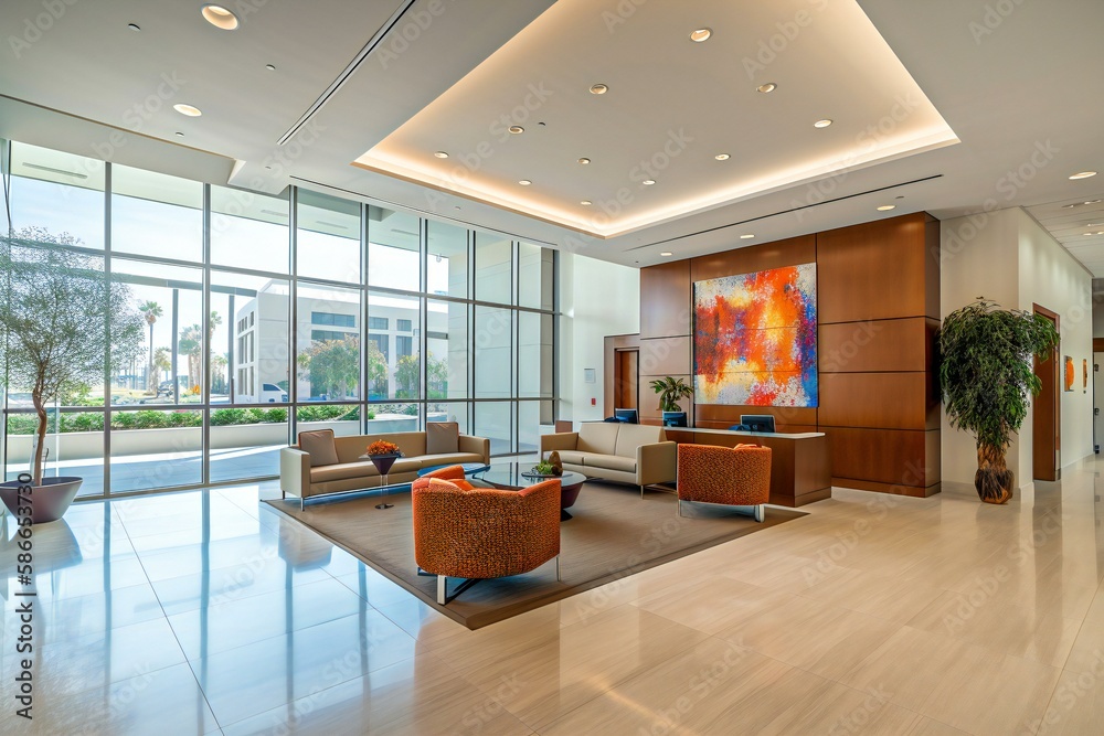 Modern business lobby interior with big windows and luxurious furniture ...