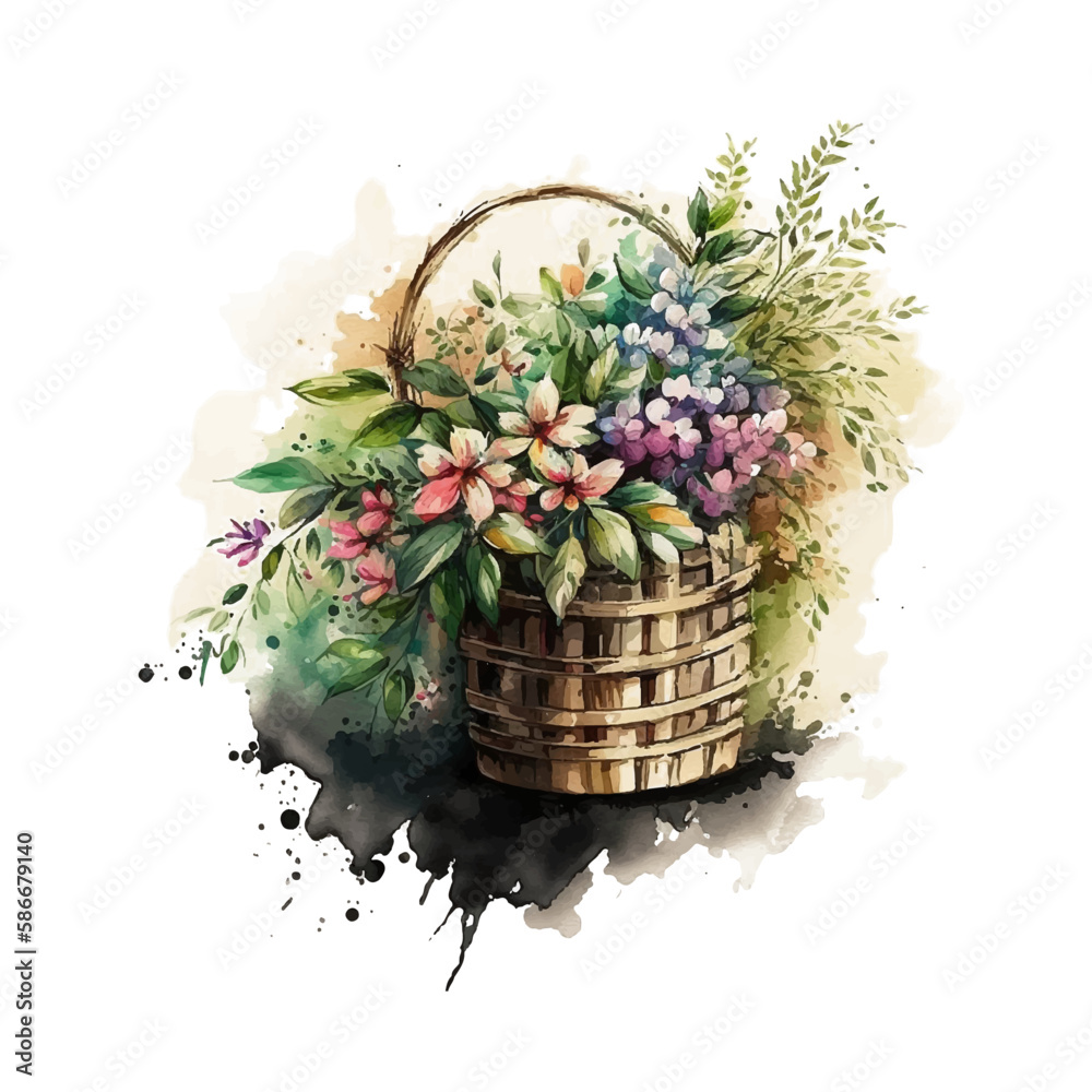 Watercolor Flowers Clipart vector, Easter Basket Png, Spring Floral ...