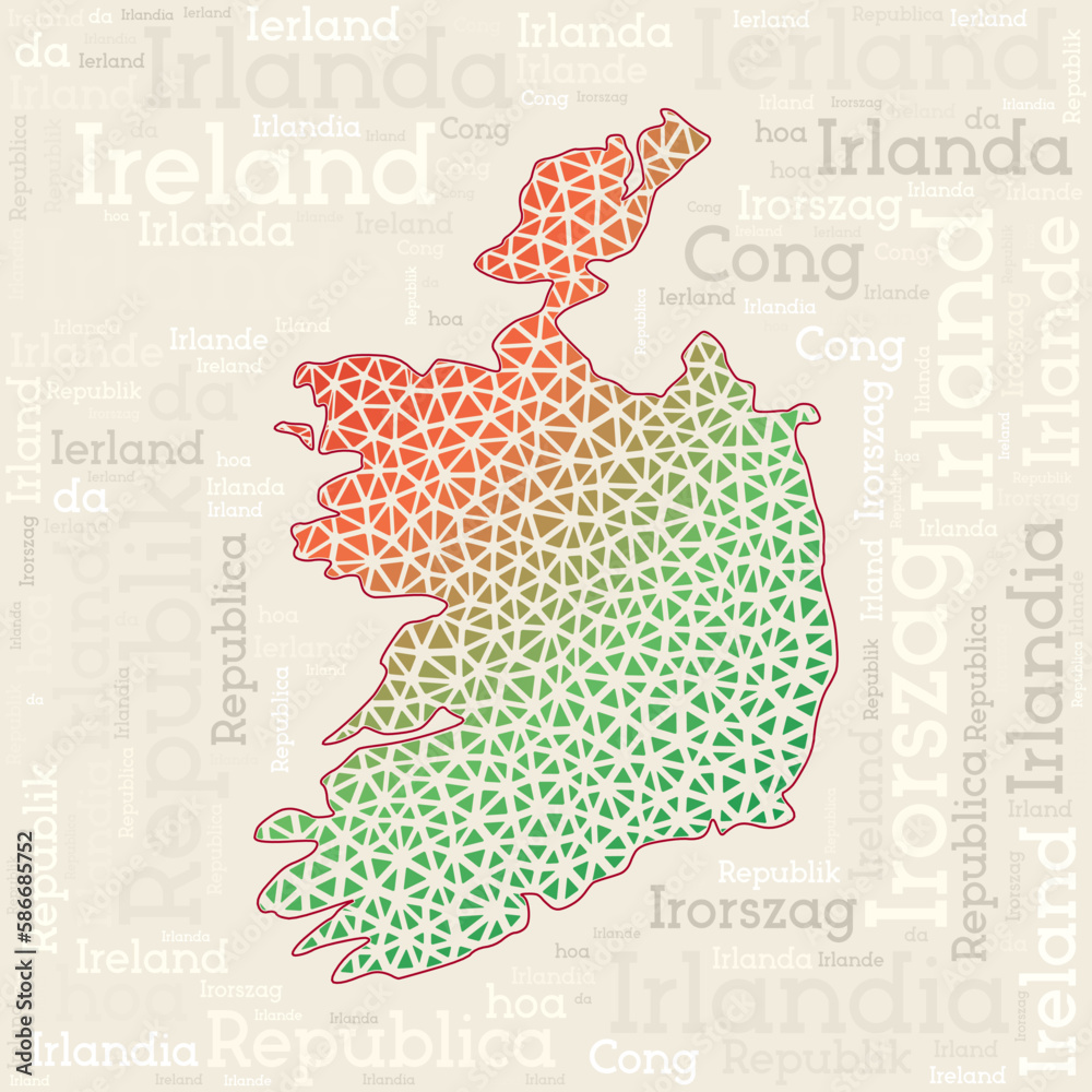 Ireland map design. Country names in different languages and map shape ...