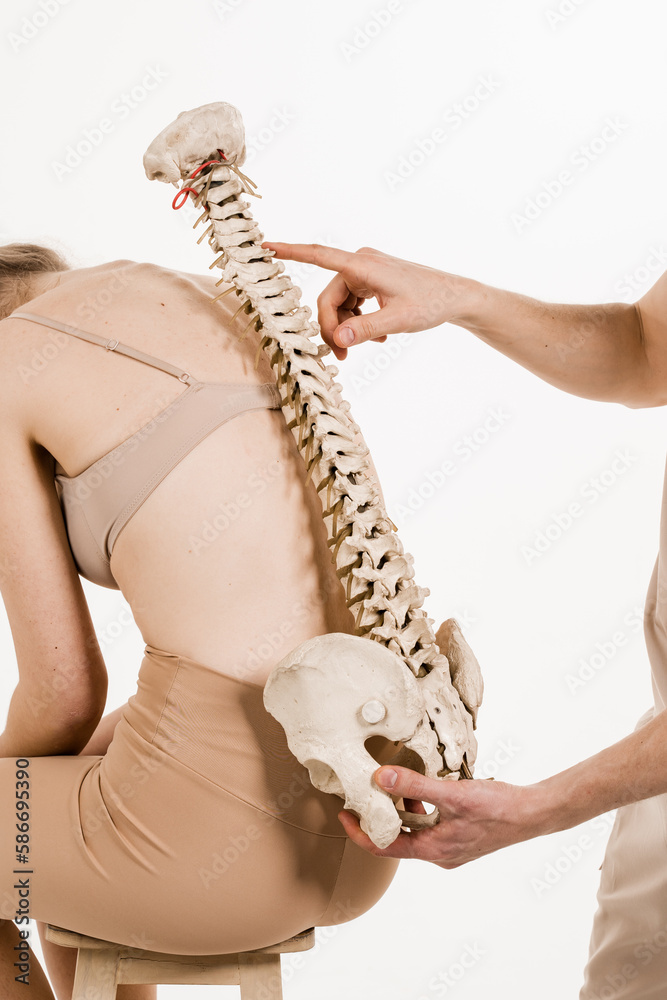 Orthopedist showing spinal column model with girl on white background ...