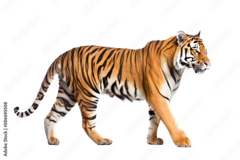 an isolated Bengal tiger walking side view, majestic, stalking prey ...