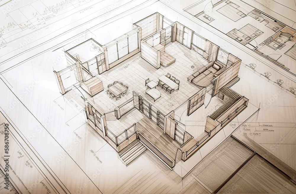 Generative AI illustration of Architectural plans, drawings, pencil ...