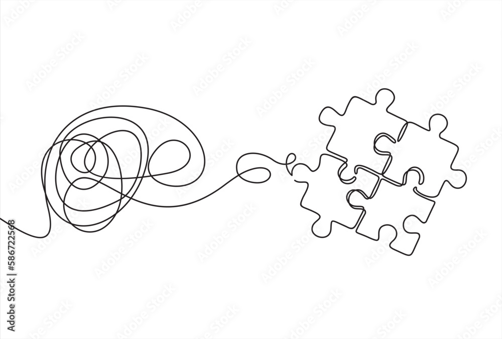 folded puzzle and confused thinking brain, continuous line. Disorder ...