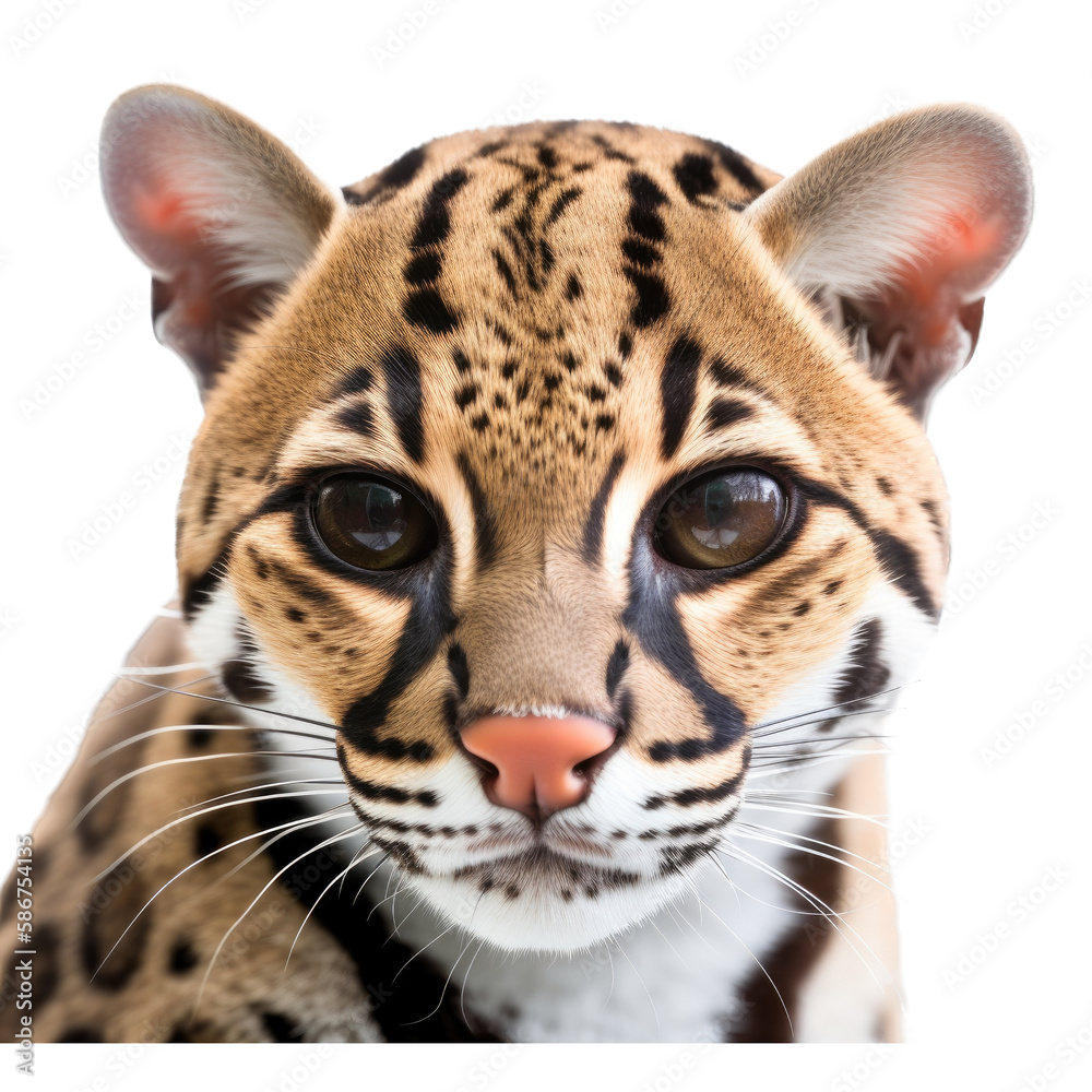 an isolated ocelot jungle cat face portrait, front view, side view ...