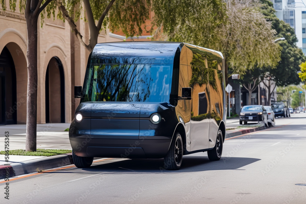 Electric Van Delivering on road. Driver of Electric cargo van delivers ...
