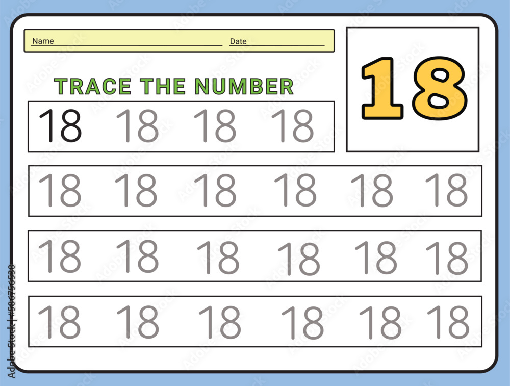 Numbers 18 tracing practice worksheet. Learning Number activity page ...