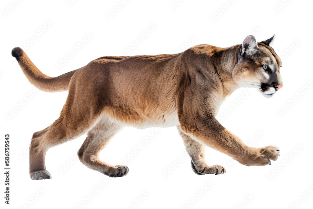 an isolated mountain lion cougar side-view, stalking prey, fierce ...
