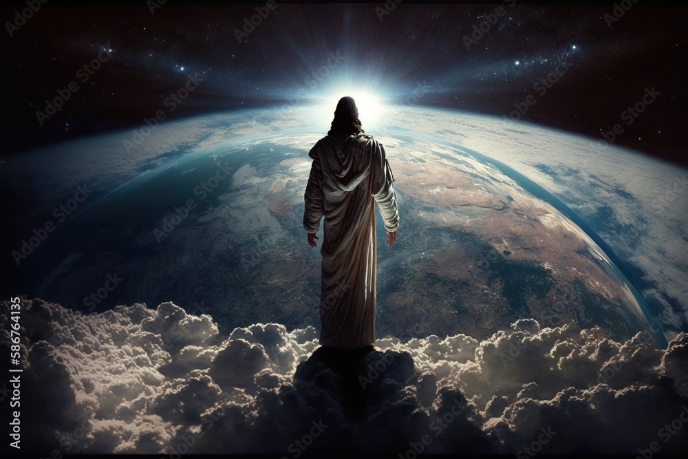 Ilustración de Stock Jesus as the redeemer watching over the earth from ...
