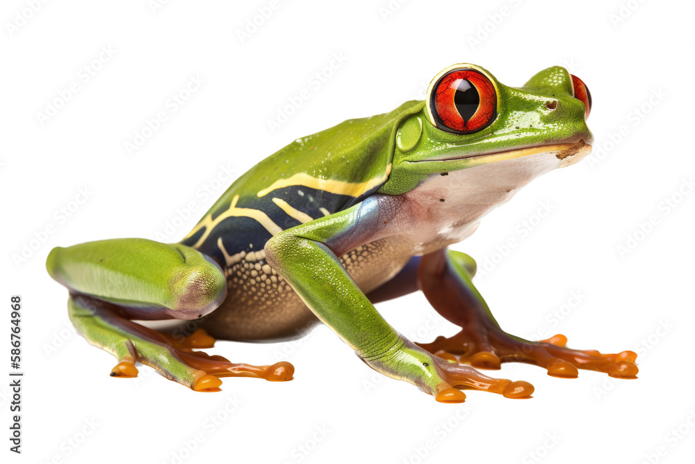 an isolated red-eyed tree frog, side-view portrait, rainforest-themed ...