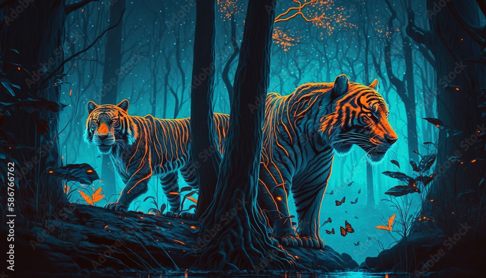 psychedelic tigers in the jungle generative art Stock Illustration ...