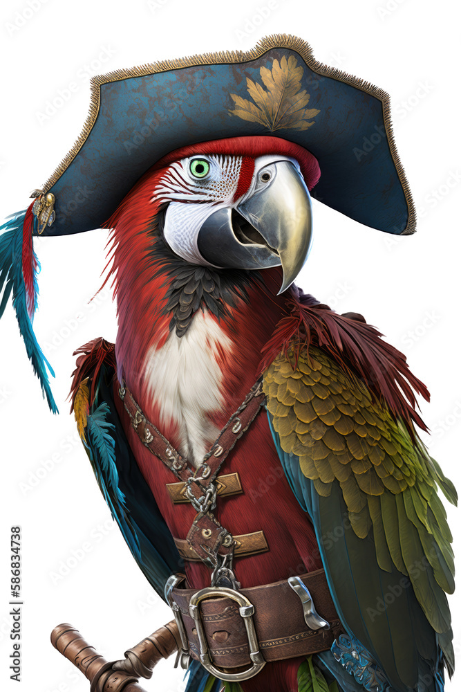 a pirate-themed photographic illustration of a red and green macaw ...