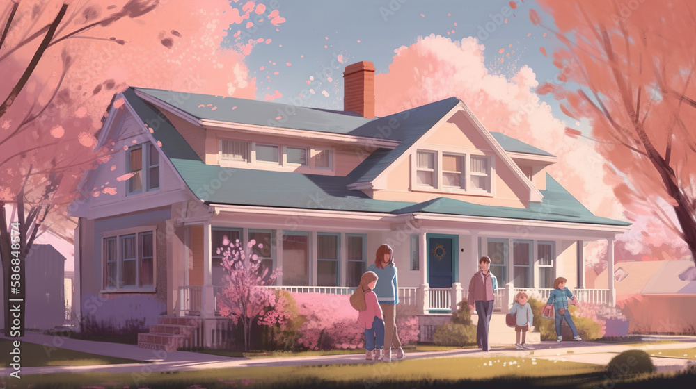 super realistic happy family in front of their pastel colored house ...