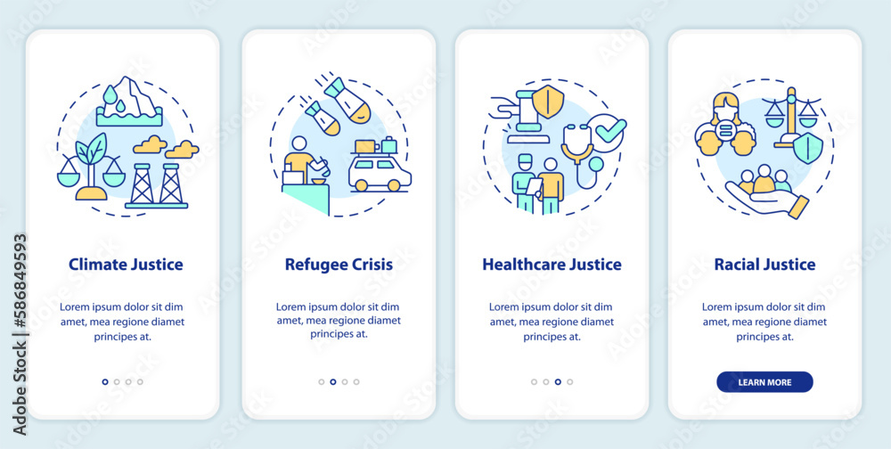 Social justice examples onboarding mobile app screen. Walkthrough 4 ...