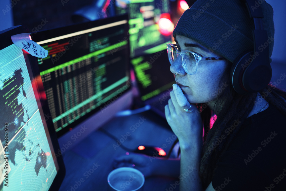 Foto de Stock Woman, computer and hacker thinking with headphones and programming for ...