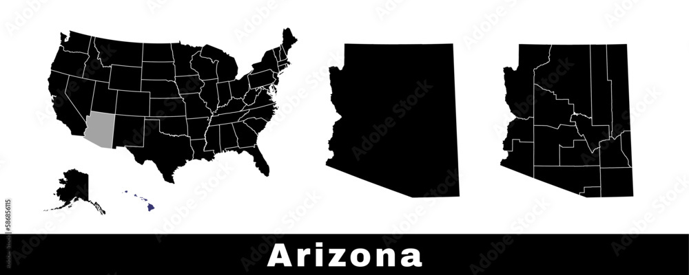 Map of Arizona state, USA. Set of Arizona maps with outline border ...