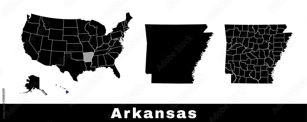 Map of Arkansas state, USA. Set of Arkansas maps with outline border ...