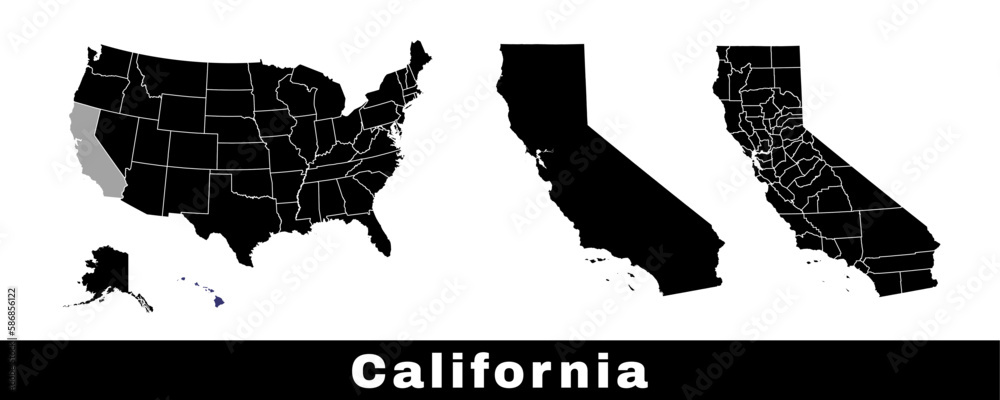 Map of California state, USA. Set of California maps with outline ...