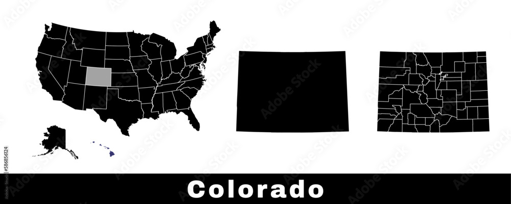 Map of Colorado state, USA. Set of Colorado maps with outline border ...