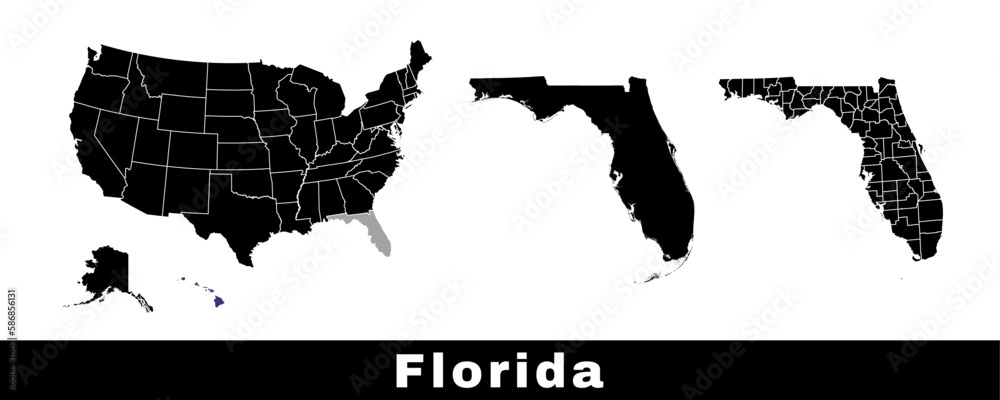 Map of Florida state, USA. Set of Florida maps with outline border ...