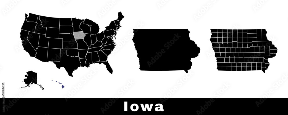 Map of Iowa state, USA. Set of Iowa maps with outline border, counties ...