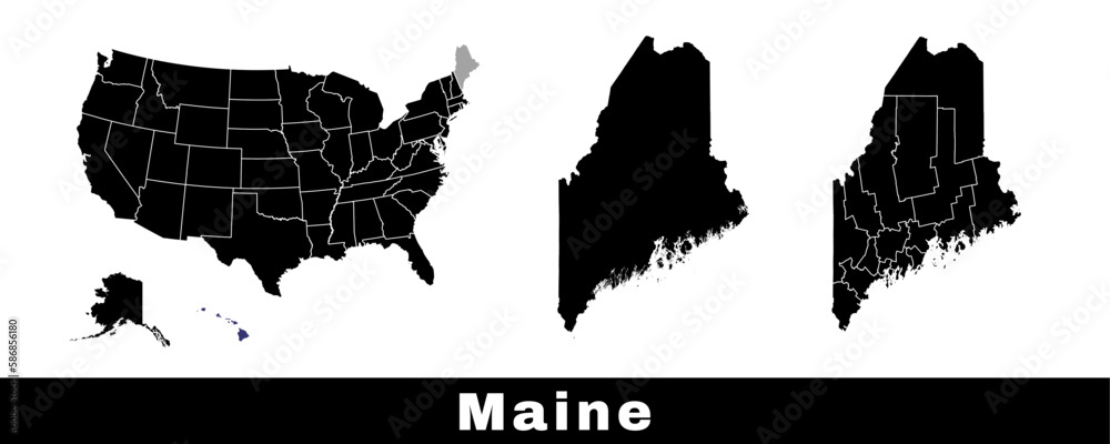 Map of Maine state, USA. Set of Maine maps with outline border ...