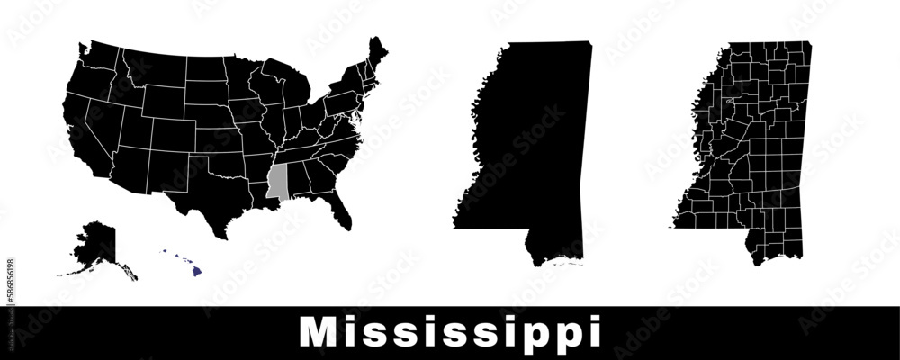 Mississippi state map, USA. Set of Mississippi maps with outline border ...