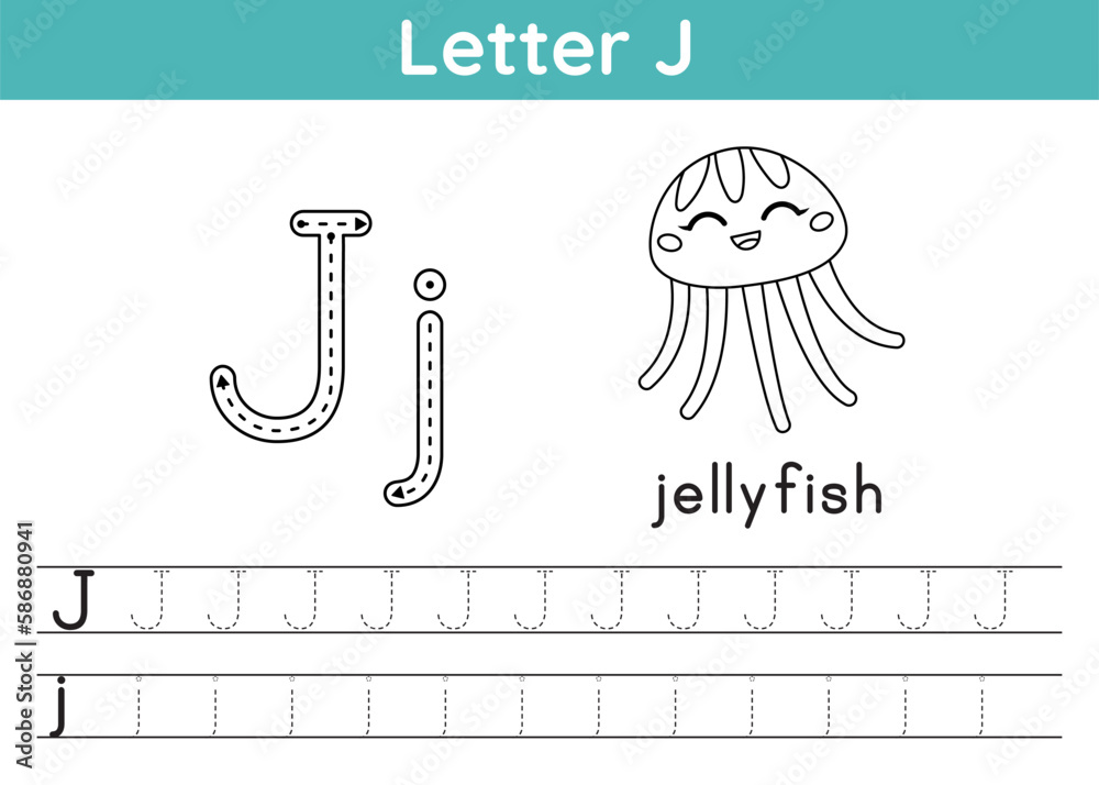 Alphabet ABC, a-z exercise. Coloring page. Trace letter J. Vocabulary ...