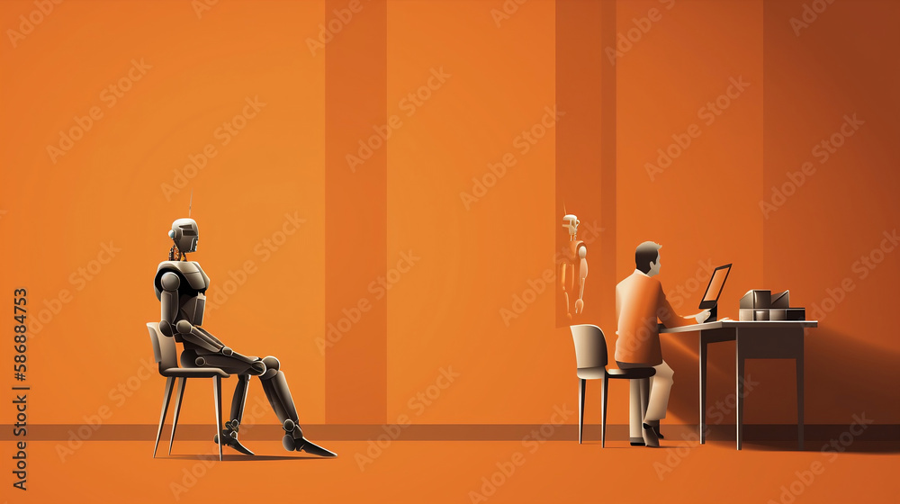 Business people and humanoid robot waiting for a job interview, Man and ...